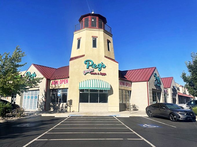 The lighthouse-shaped tower isn't just architectural whimsy&mdash;it's a beacon guiding hungry souls to breakfast paradise in Sparks.