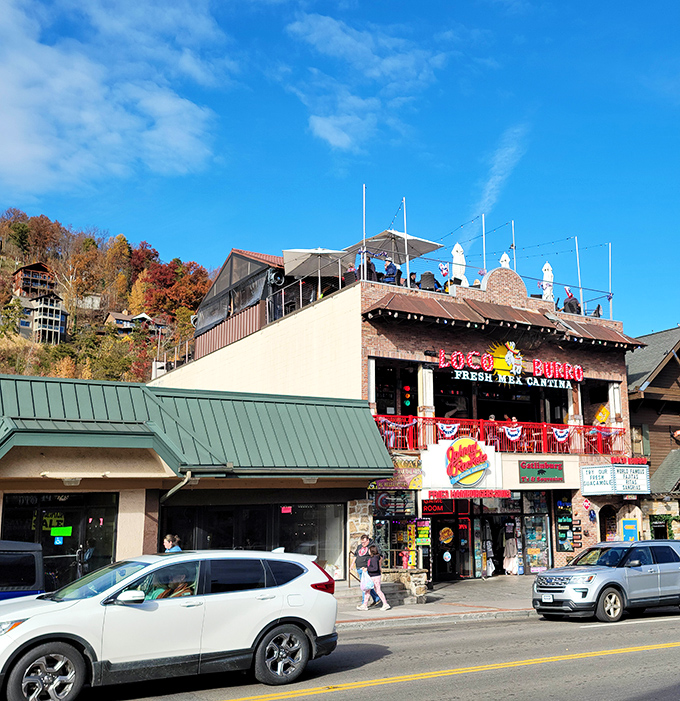 Loco Burro's vibrant exterior stands out on Gatlinburg's bustling Parkway, promising Mexican flavors with that unmistakable mountain backdrop. Vacation perfection awaits!