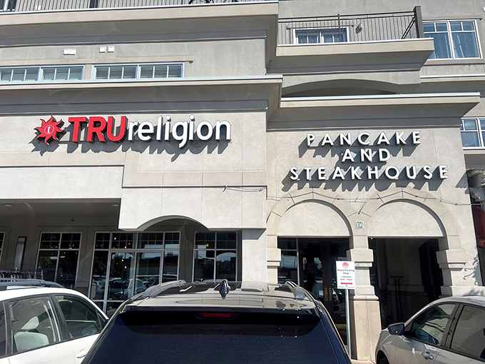 TRUreligion's striking stone facade makes a bold statement in Orem, where breakfast devotees gather for their morning salvation of pancakes and steak.