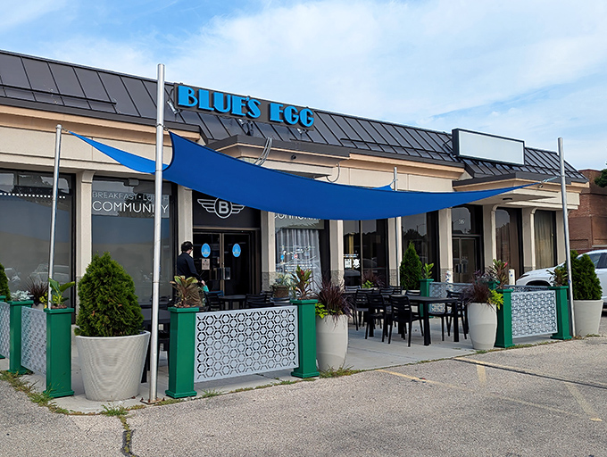 Blue's Egg stands proudly along the street, its bright signage a beacon for breakfast enthusiasts seeking refuge from ordinary morning meals.