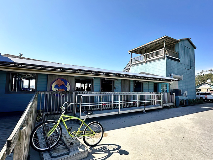 The bright blue exterior of Fishy Fishy Cafe stands like a beacon of seafood promise, complete with a cheerful yellow bicycle that seems to say, "Park it and stay awhile."