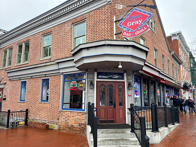 The corner brick building with its distinctive Blue & Gray sign stands like a culinary fortress on Gettysburg's historic streets, ready to welcome hungry travelers.