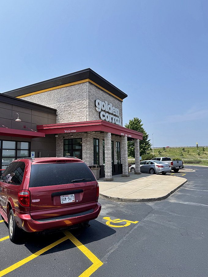 That distinctive Golden Corral entrance beckons like a lighthouse for the professionally hungry, promising all-you-can-eat satisfaction within.