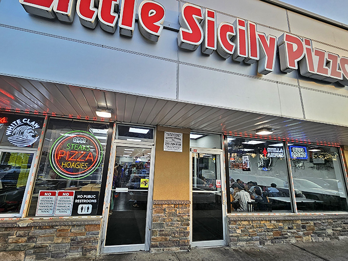 The unassuming storefront of Little Sicily Pizza 2 proves once again that culinary treasures often hide behind modest facades. Philadelphia's food scene in a nutshell.