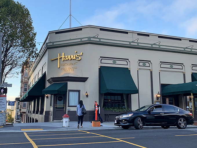 Harris' Restaurant stands proudly on Van Ness Avenue, its cream exterior and signature green awnings beckoning meat lovers like a carnivore's lighthouse.