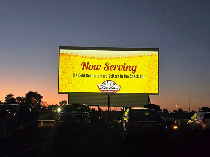 Cars queue up like eager moviegoers from decades past, chasing that perfect spot for tonight's double feature.