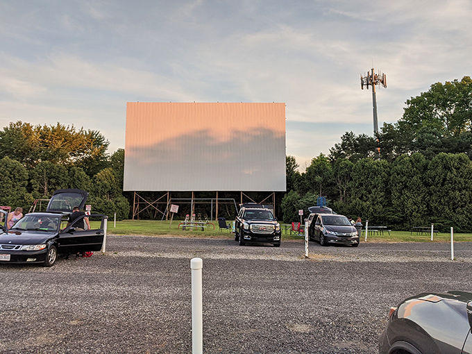 The classic white screen against a backdrop of trees creates that perfect nostalgic silhouette as dusk approaches. Movie magic awaits.