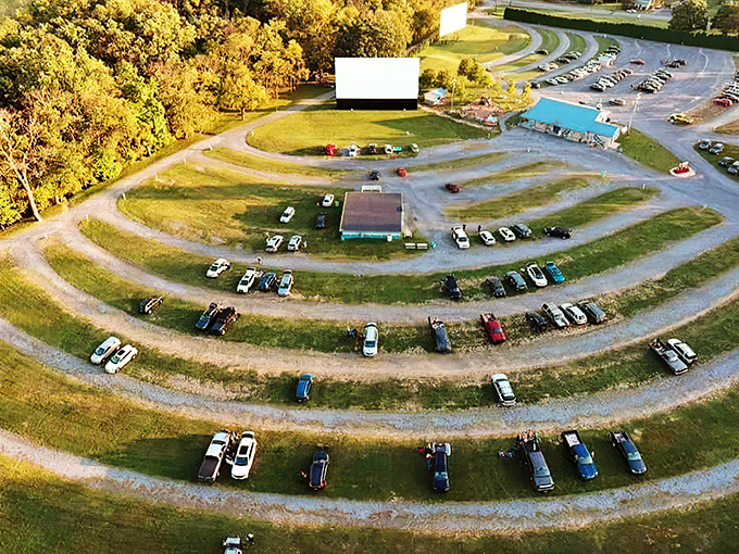 Aerial view of Becky's Drive-In reveals the perfect semicircular layout where every car gets front-row treatment to cinematic magic.