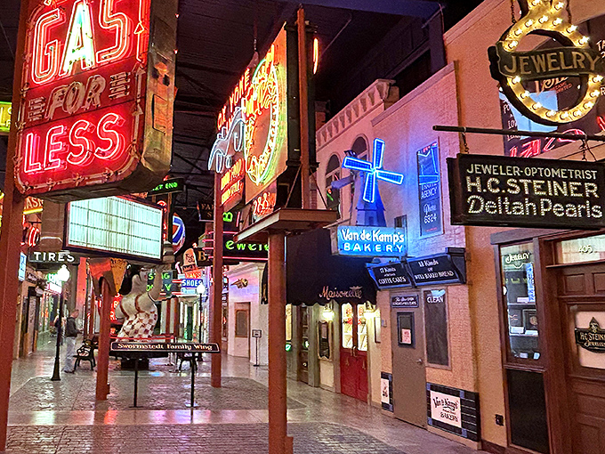 A neon wonderland where Howard Johnson's, Sky-Vu Motel, and Brown Caterers compete for your attention like Times Square in miniature.