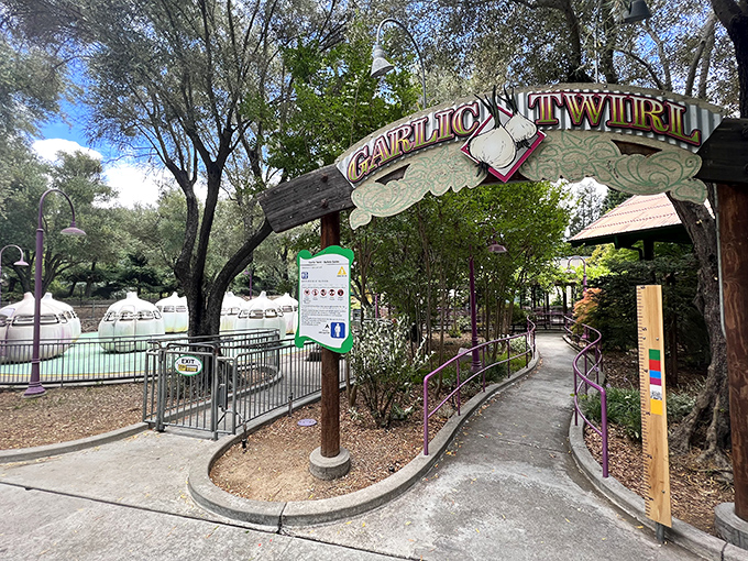 The entrance to Garlic Twirl promises whimsical thrills nestled among shady trees &ndash; proof that amusement parks don't need concrete jungles to create magic.