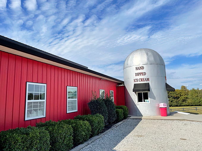 The iconic red barn and silver silo of Mountain Fresh Creamery stand like a dairy dreamscape against Georgia's blue sky&mdash;rural Americana at its most delicious.