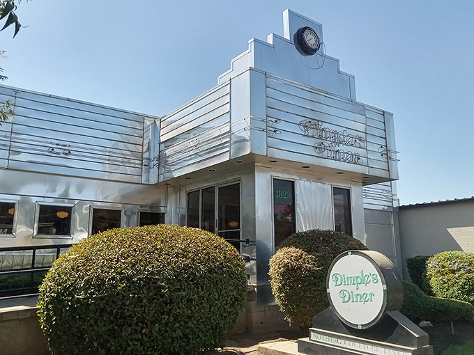 The gleaming silver exterior of Dimples Diner stands like a time capsule from the 1950s, complete with perfectly manicured shrubs guarding the entrance.