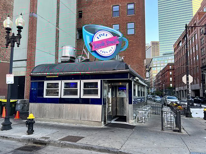 That iconic blue coffee cup sign isn't just neon&mdash;it's a beacon of hope for hungry night owls across Boston's Leather District.