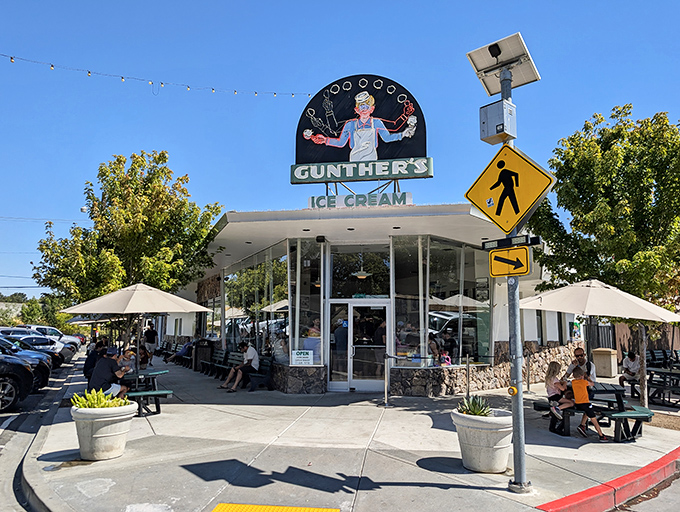 The iconic Gunther's storefront stands like a beacon of sweet salvation on hot Sacramento days, complete with its legendary neon sign and inviting patio.