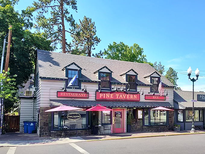 The Pine Tavern's charming exterior beckons like an old friend, its stone foundation and forest-green trim promising comfort and history in equal measure.