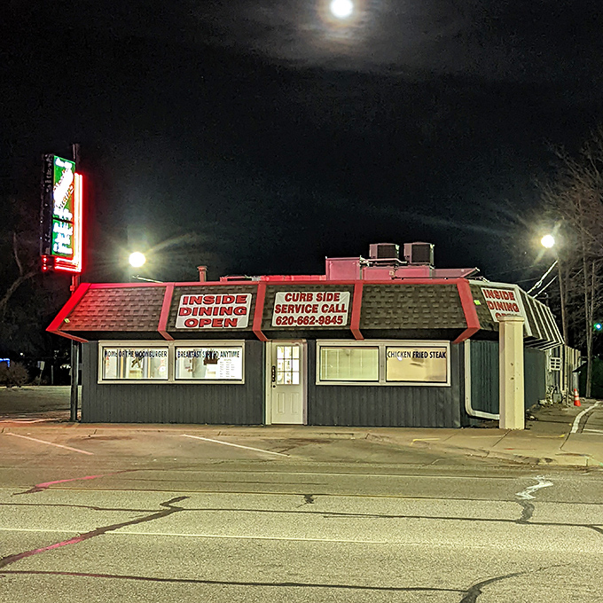 Same nighttime shot of Skaets showing its distinctive red-roofed building with illuminated signage. When that "INSIDE DINING OPEN" sign glows, it's like a bat signal for chicken fried steak lovers.