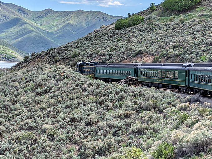 Winding through sage-covered hills, these vintage green coaches offer front-row seats to nature's grandeur that no smartphone screen could ever capture.