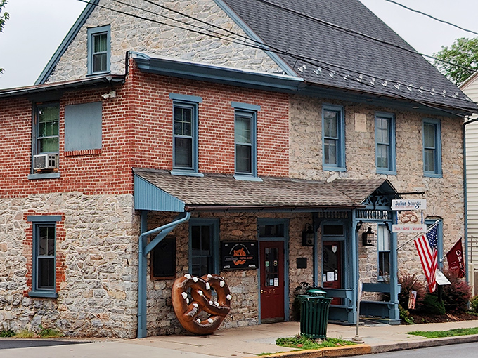 The historic stone and brick facade of Julius Sturgis Pretzel Bakery stands as a time capsule of Pennsylvania Dutch craftsmanship, complete with that Instagram-worthy giant pretzel sculpture.