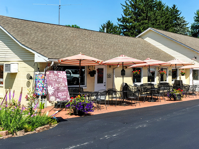 The inviting patio at Clay's Cafe practically whispers, "Sit here and watch the world go by, one stromboli at a time."