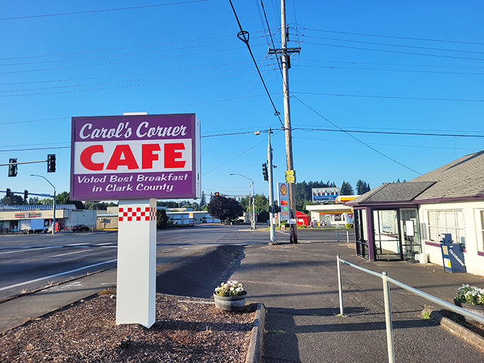 "Voted Best Breakfast in Clark County" isn't just a slogan—it's a promise. The classic roadside sign beckons hungry travelers with its purple and red charm.
