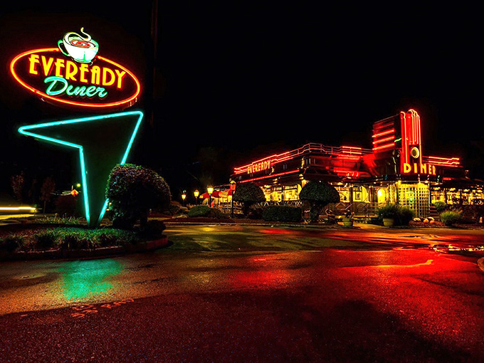 When darkness falls, this chrome beauty lights up Route 9 like a Broadway marquee for comfort food.