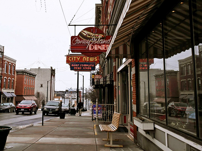 Downtown Mansfield's streetscape gets a pop of nostalgic color from the Coney Island Diner's classic signage.