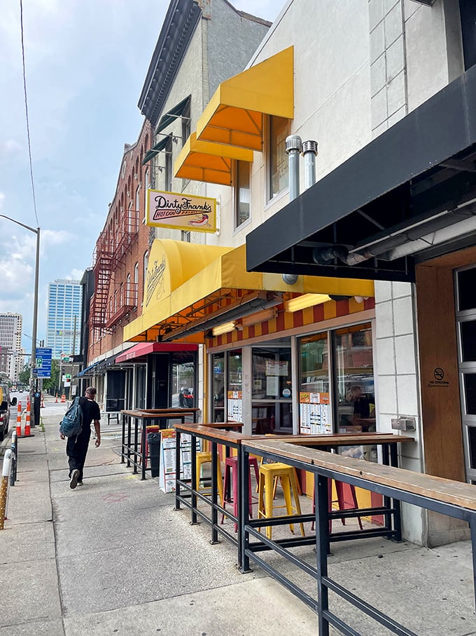 The sunshine-yellow awning of Dirty Frank's beckons like a beacon of hope to the hot dog deprived. Downtown Columbus never looked so deliciously inviting.