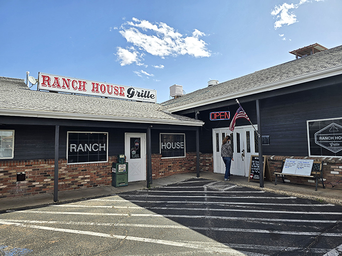 The unassuming exterior of Ranch House Grille in Page stands like a beacon of breakfast hope against the Arizona sky. Classic Americana at its finest.