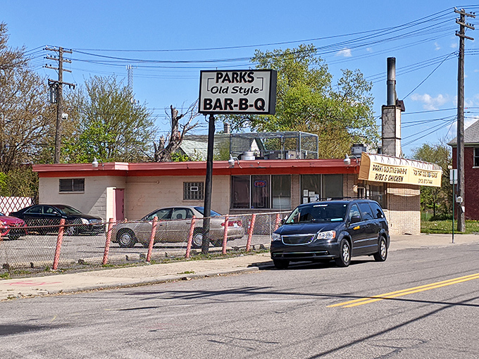 The unassuming exterior of Parks Old Style BBQ in Detroit &ndash; where culinary magic happens behind a fa&ccedil;ade that screams "the less fancy, the better the food."