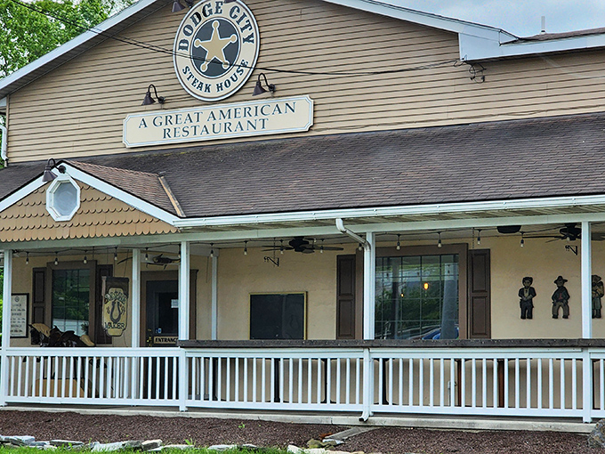 Like stepping onto a movie set of the perfect American steakhouse, Dodge City's welcoming porch and rustic charm invite you to saddle up for dinner.