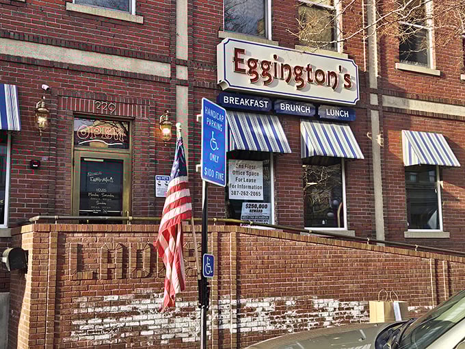 Downtown Casper's breakfast headquarters stands proudly with its American flag, like a delicious embassy representing the Republic of Perfect French Toast.