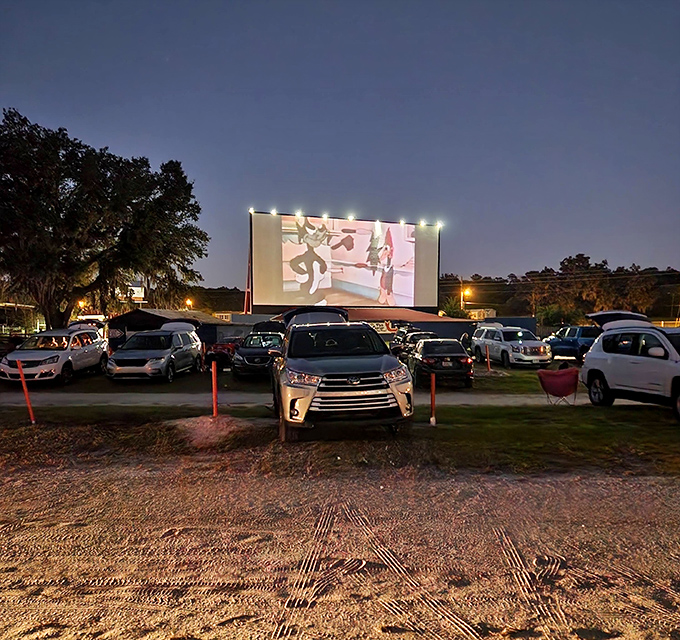 The classic white-and-blue facade whispers promises of double features and starlit entertainment ahead.