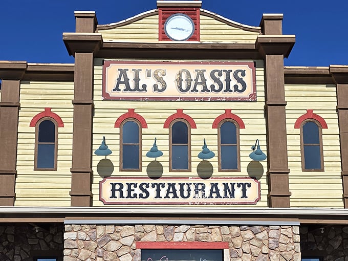 That clock above the entrance isn't just telling time—it's counting down the minutes until your next memorable meal at this roadside legend.