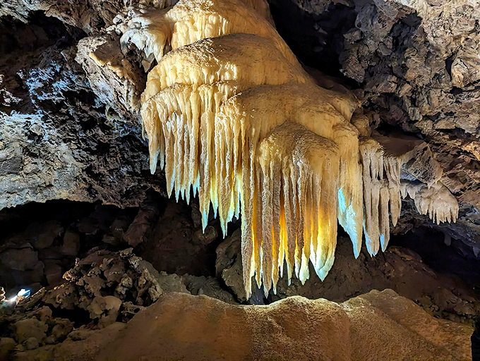 Nature's jewelry collection on full display. These golden stalactites look like they're waiting for a giant to come claim them for a crown.