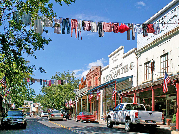 Laundry day meets Main Street charm! Angels Camp's signature clotheslines stretch across downtown, a quirky tradition that turns everyday garments into colorful bunting.