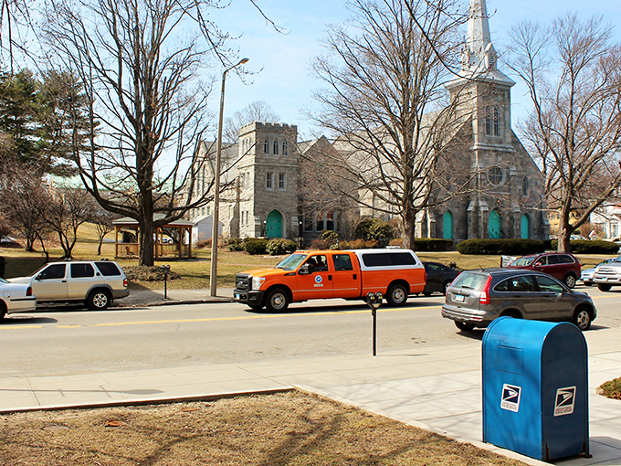 This stately stone church stands as a testament to Torrington's architectural heritage. Even the mailbox looks like it's settled in for the long haul.