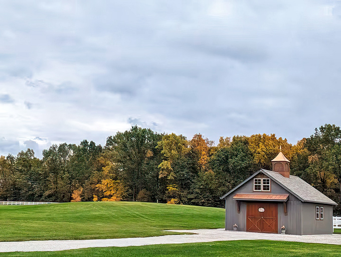 Summer serenity in full display. The pristine white fences and meticulously maintained grounds create a pastoral paradise that belongs on a calendar cover.