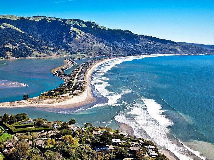 Nature's perfect balancing act: Bolinas Lagoon on one side, Pacific waves on the other, with a village that refuses to be rushed in between.