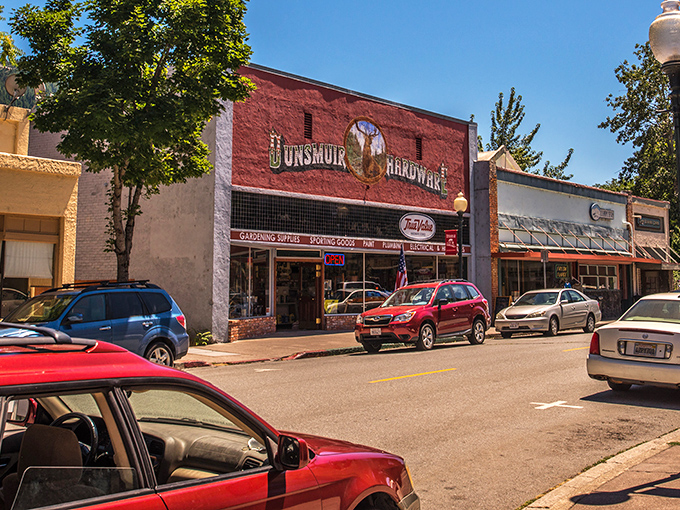 The iconic red facade of Dunsmuir Hardware has been helping locals fix things since before "DIY" became a hashtag. True Americana survives.