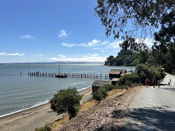 The historic shoreline path offers glimpses of the park's past life as a thriving fishing village, with weathered buildings whispering stories of bygone eras.