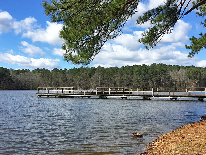 This fishing pier stretches into Shadow Lake like nature's own red carpet to tranquility.