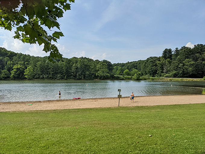 Nature's perfect mirror: Wolf Run Lake reflects the surrounding forest like a professional photographer's dream shot. Serenity comes standard with every visit.