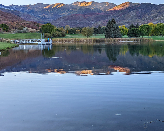 Morning at the park's pond brings a serene tableau where mountains meet reflections, creating nature's perfect mirror that even the most expensive spa can't replicate.