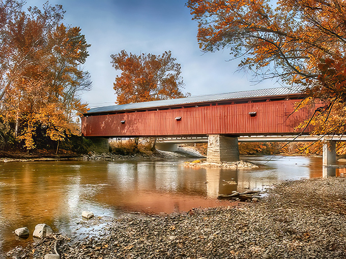That first glimpse of red wood against autumn foliage hits different when you realize it's been standing since 1860.