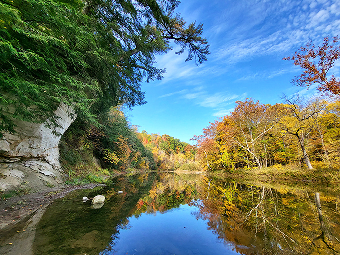 Sugar Creek's mirror-like surface perfectly captures fall's fiery display. Nature showing off its Photoshop skills without needing Photoshop.