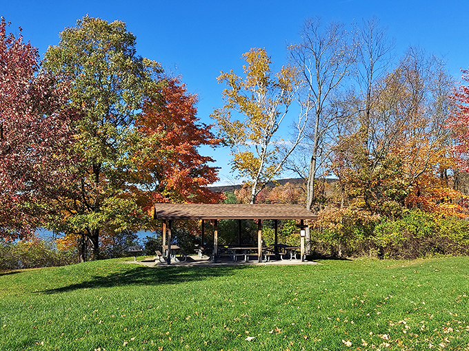 Picnic perfection awaits! This lakeside pavilion surrounded by autumn's fiery display proves that Mother Nature is Pennsylvania's most talented interior decorator.