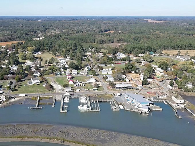 A bird's-eye view that explains everything. Small-town charm meets working waterfront in this Eastern Shore gem where boats outnumber traffic lights.