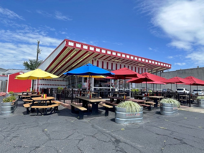 The red and white striped awning isn't just eye-catching—it's a beacon of burger hope in Richmond's Scott's Addition neighborhood.