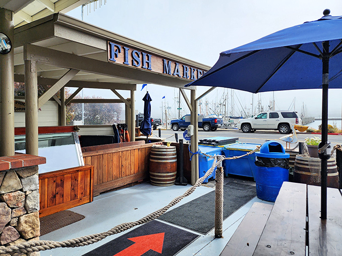 Where maritime meets mouthwatering. The Fish Market sign welcomes seafood pilgrims to this dockside haven where simplicity and freshness reign supreme.