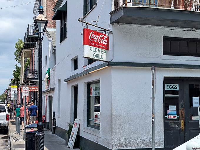 The corner of Bourbon and Dumaine reveals this unassuming treasure &ndash; where the vintage Coca-Cola sign and "EGGS" window promise breakfast salvation 24 hours a day.